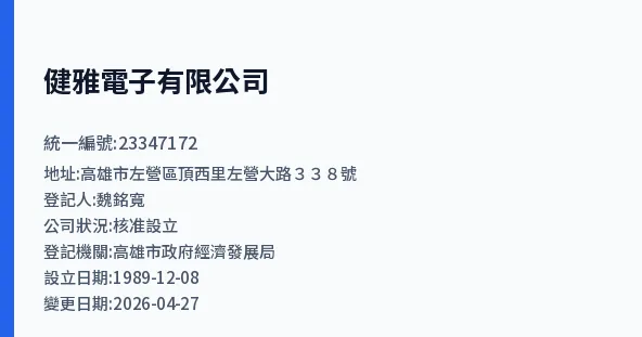 健雅電子有限公司的照片-統編 23347172(高雄市) 公司登記資料與營業項目詳細圖表