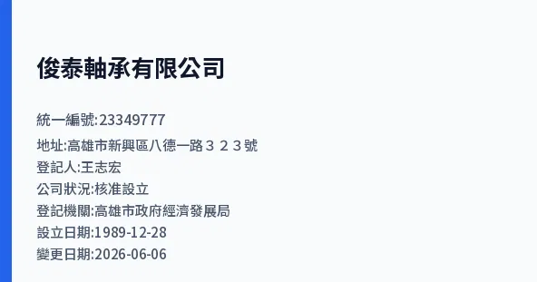 俊泰軸承有限公司的照片-統編 23349777(高雄市) 公司登記資料與營業項目詳細圖表
