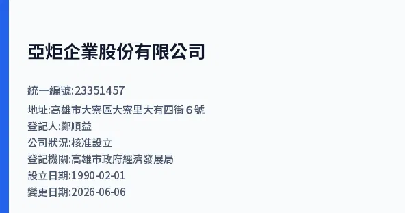 亞炬企業股份有限公司的照片-統編 23351457(高雄市) 公司登記資料與營業項目詳細圖表