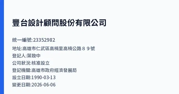 豐台設計顧問股份有限公司的照片-統編 23352982(高雄市) 公司登記資料與營業項目詳細圖表