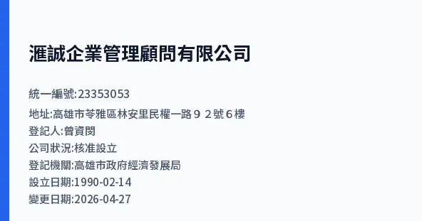 滙誠企業管理顧問有限公司的照片-統編 23353053(高雄市) 公司登記資料與營業項目詳細圖表