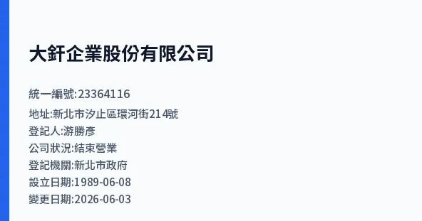 大釬企業股份有限公司的照片-統編 23364116(新北市) 公司登記資料與營業項目詳細圖表