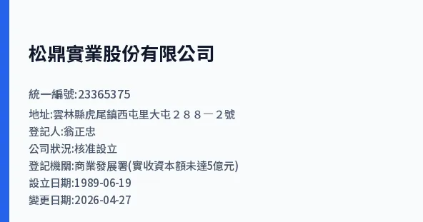 松鼎實業股份有限公司的照片-統編 23365375(雲林縣) 公司登記資料與營業項目詳細圖表