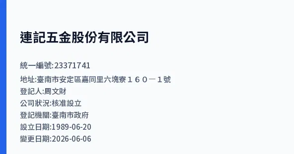 連記五金股份有限公司的照片-統編 23371741(臺南市) 公司登記資料與營業項目詳細圖表