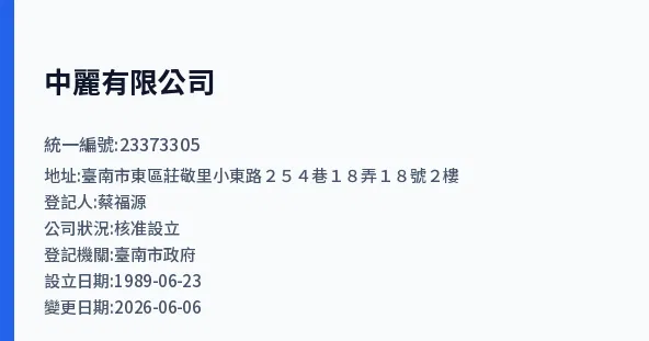 中麗有限公司的照片-統編 23373305(臺南市) 公司登記資料與營業項目詳細圖表