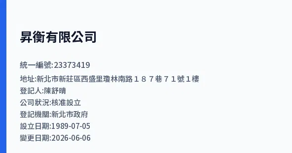 昇衡有限公司的照片-統編 23373419(新北市) 公司登記資料與營業項目詳細圖表