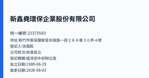 新鑫堯環保企業股份有限公司的照片-統編 23375583(新竹市) 公司登記資料與營業項目詳細圖表