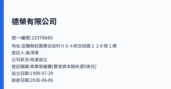 德榮有限公司的照片-統編 23376680(宜蘭縣) 公司登記資料與營業項目詳細圖表