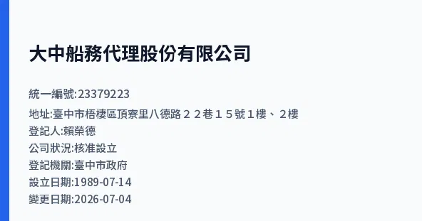 大中船務代理股份有限公司的照片-統編 23379223(臺中市) 公司登記資料與營業項目詳細圖表