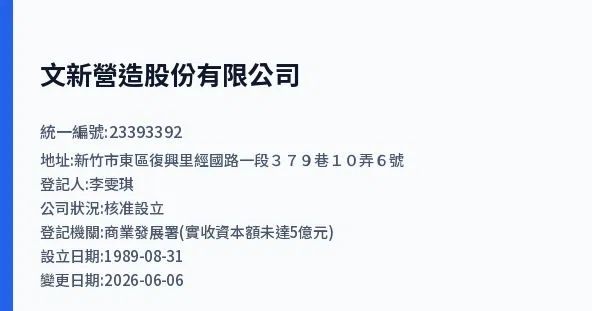 文新營造股份有限公司的照片-統編 23393392(新竹市) 公司登記資料與營業項目詳細圖表