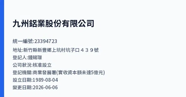 九州鋁業股份有限公司的照片-統編 23394723(新竹縣) 公司登記資料與營業項目詳細圖表