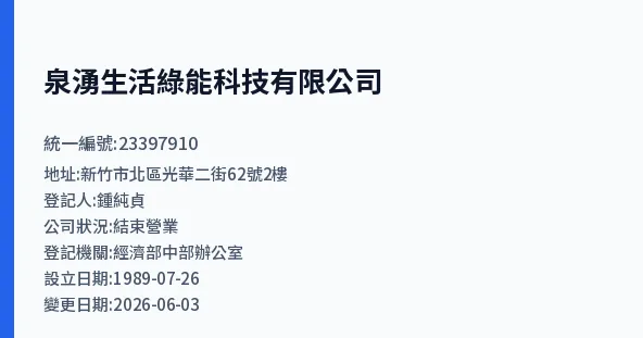 泉湧生活綠能科技有限公司的照片-統編 23397910(新竹市) 公司登記資料與營業項目詳細圖表