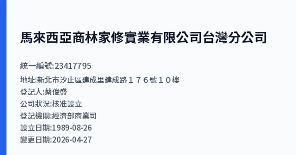 馬來西亞商林家修實業有限公司台灣分公司的照片-統編 23417795(新北市) 公司登記資料與營業項目詳細圖表