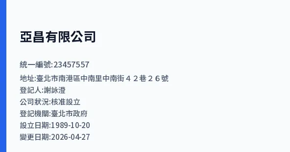 亞昌有限公司的照片-統編 23457557(臺北市) 公司登記資料與營業項目詳細圖表