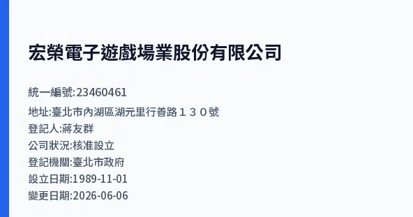 宏榮電子遊戲場業股份有限公司的照片-統編 23460461(臺北市) 公司登記資料與營業項目詳細圖表
