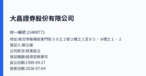 大昌證券股份有限公司的照片-統編 23469771(新北市) 公司登記資料與營業項目詳細圖表