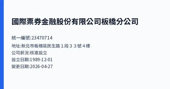 國際票券金融股份有限公司板橋分公司的照片-統編 23470714(新北市) 公司登記資料與營業項目詳細圖表