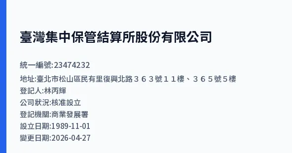 臺灣集中保管結算所股份有限公司的照片-統編 23474232(臺北市) 公司登記資料與營業項目詳細圖表