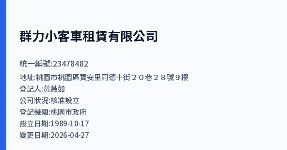 群力小客車租賃有限公司的照片-統編 23478482(桃園市) 公司登記資料與營業項目詳細圖表