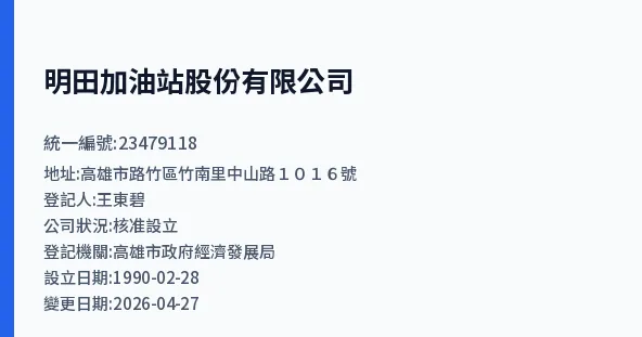 明田加油站股份有限公司的照片-統編 23479118(高雄市) 公司登記資料與營業項目詳細圖表
