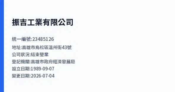 振吉工業有限公司的照片-統編 23485126(高雄市) 公司登記資料與營業項目詳細圖表