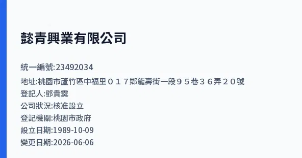 懿青興業有限公司的照片-統編 23492034(桃園市) 公司登記資料與營業項目詳細圖表
