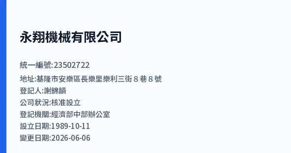 永翔機械有限公司的照片-統編 23502722(基隆市) 公司登記資料與營業項目詳細圖表