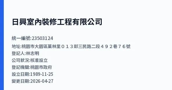 日興室內裝修工程有限公司的照片-統編 23503124(桃園市) 公司登記資料與營業項目詳細圖表