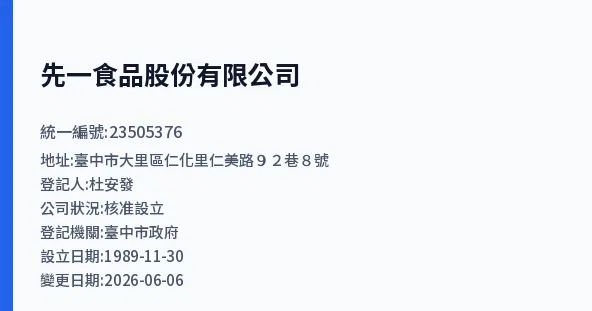 先一食品股份有限公司的照片-統編 23505376(臺中市) 公司登記資料與營業項目詳細圖表
