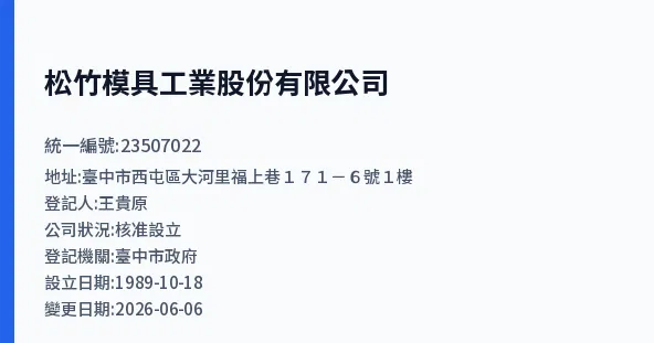 松竹模具工業股份有限公司的照片-統編 23507022(臺中市) 公司登記資料與營業項目詳細圖表
