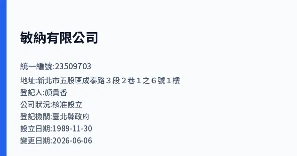 敏納有限公司的照片-統編 23509703(新北市) 公司登記資料與營業項目詳細圖表