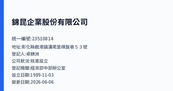 錦昆企業股份有限公司的照片-統編 23510814(彰化縣) 公司登記資料與營業項目詳細圖表
