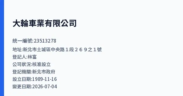 大輪車業有限公司的照片-統編 23513278(新北市) 公司登記資料與營業項目詳細圖表