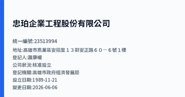 忠珀企業工程股份有限公司的照片-統編 23513994(高雄市) 公司登記資料與營業項目詳細圖表