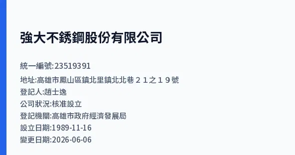 強大不銹鋼股份有限公司的照片-統編 23519391(高雄市) 公司登記資料與營業項目詳細圖表