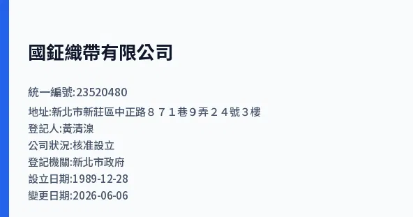 國鉦織帶有限公司的照片-統編 23520480(新北市) 公司登記資料與營業項目詳細圖表