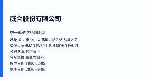 威合股份有限公司的照片-統編 23526442(臺北市) 公司登記資料與營業項目詳細圖表