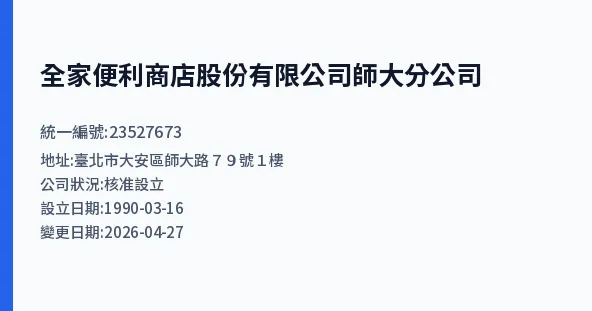 全家便利商店股份有限公司師大分公司的照片-統編 23527673(臺北市) 公司登記資料與營業項目詳細圖表