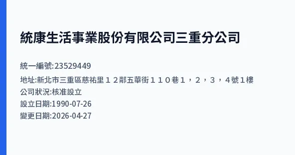 統康生活事業股份有限公司三重分公司的照片-統編 23529449(新北市) 公司登記資料與營業項目詳細圖表