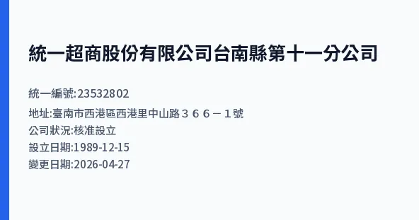 統一超商股份有限公司台南縣第十一分公司的照片-統編 23532802(臺南市) 公司登記資料與營業項目詳細圖表