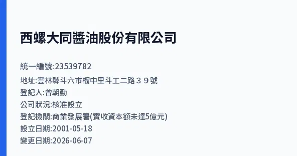 西螺大同醬油股份有限公司的照片-統編 23539782(雲林縣) 公司登記資料與營業項目詳細圖表