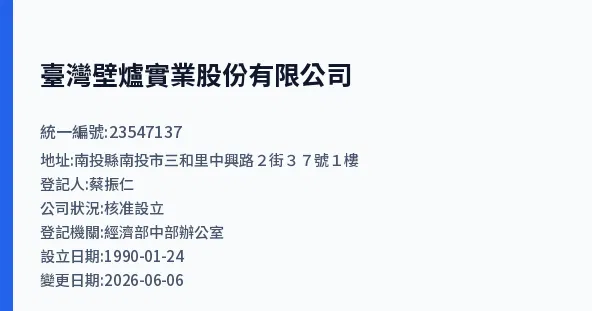 臺灣壁爐實業股份有限公司的照片-統編 23547137(南投縣) 公司登記資料與營業項目詳細圖表