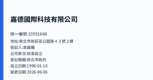 嘉德國際科技有限公司的照片-統編 23551666(新北市) 公司登記資料與營業項目詳細圖表