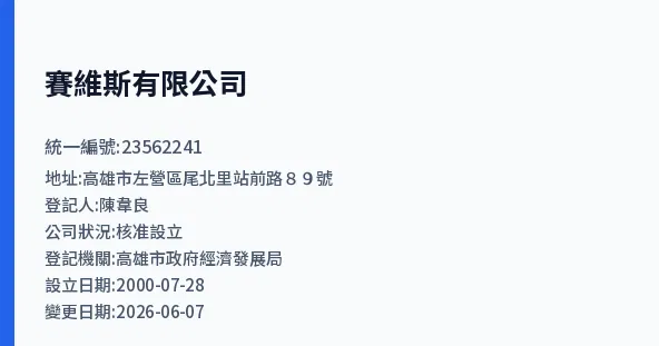 賽維斯有限公司的照片-統編 23562241(高雄市) 公司登記資料與營業項目詳細圖表
