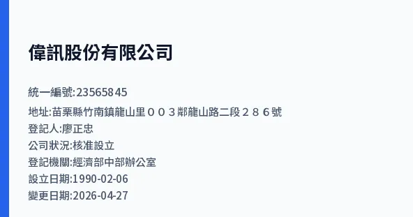 偉訊股份有限公司的照片-統編 23565845(苗栗縣) 公司登記資料與營業項目詳細圖表