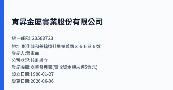 育昇金屬實業股份有限公司的照片-統編 23568723(彰化縣) 公司登記資料與營業項目詳細圖表