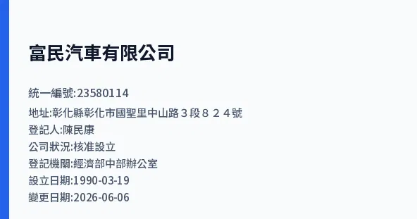 富民汽車有限公司的照片-統編 23580114(彰化縣) 公司登記資料與營業項目詳細圖表