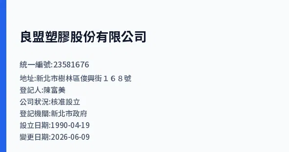良盟塑膠股份有限公司的照片-統編 23581676(新北市) 公司登記資料與營業項目詳細圖表
