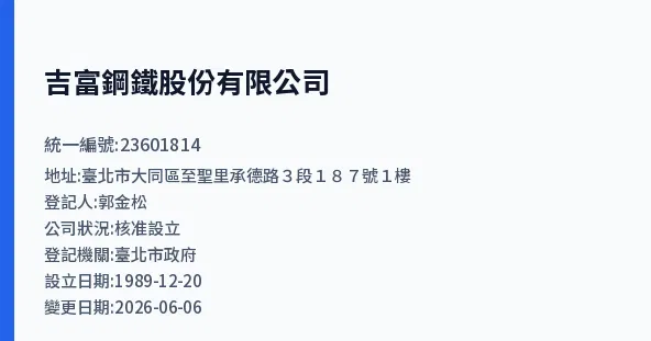 吉富鋼鐵股份有限公司的照片-統編 23601814(臺北市) 公司登記資料與營業項目詳細圖表