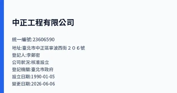 中正工程有限公司的照片-統編 23606590(臺北市) 公司登記資料與營業項目詳細圖表